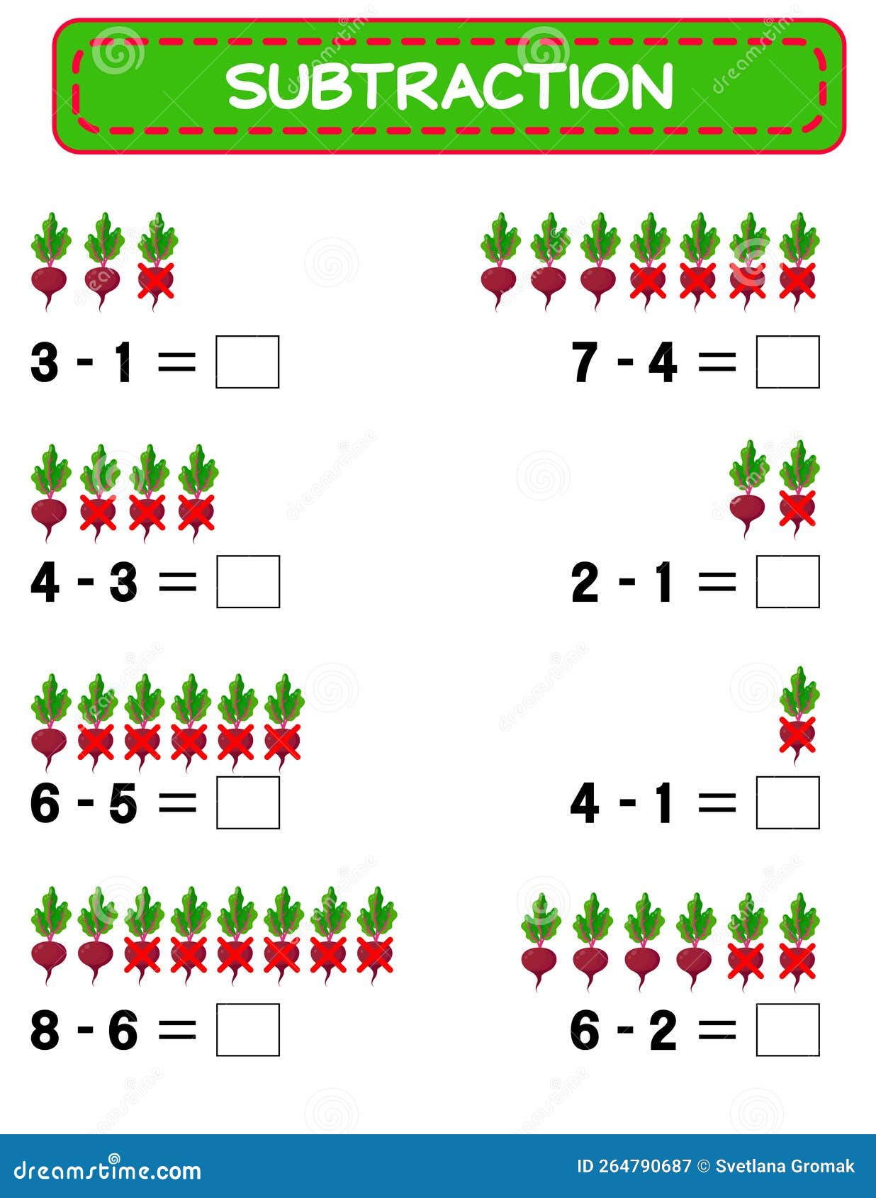 Subtraction. Math Worksheet for Kids. Developing Numeracy Skills. Solve ...