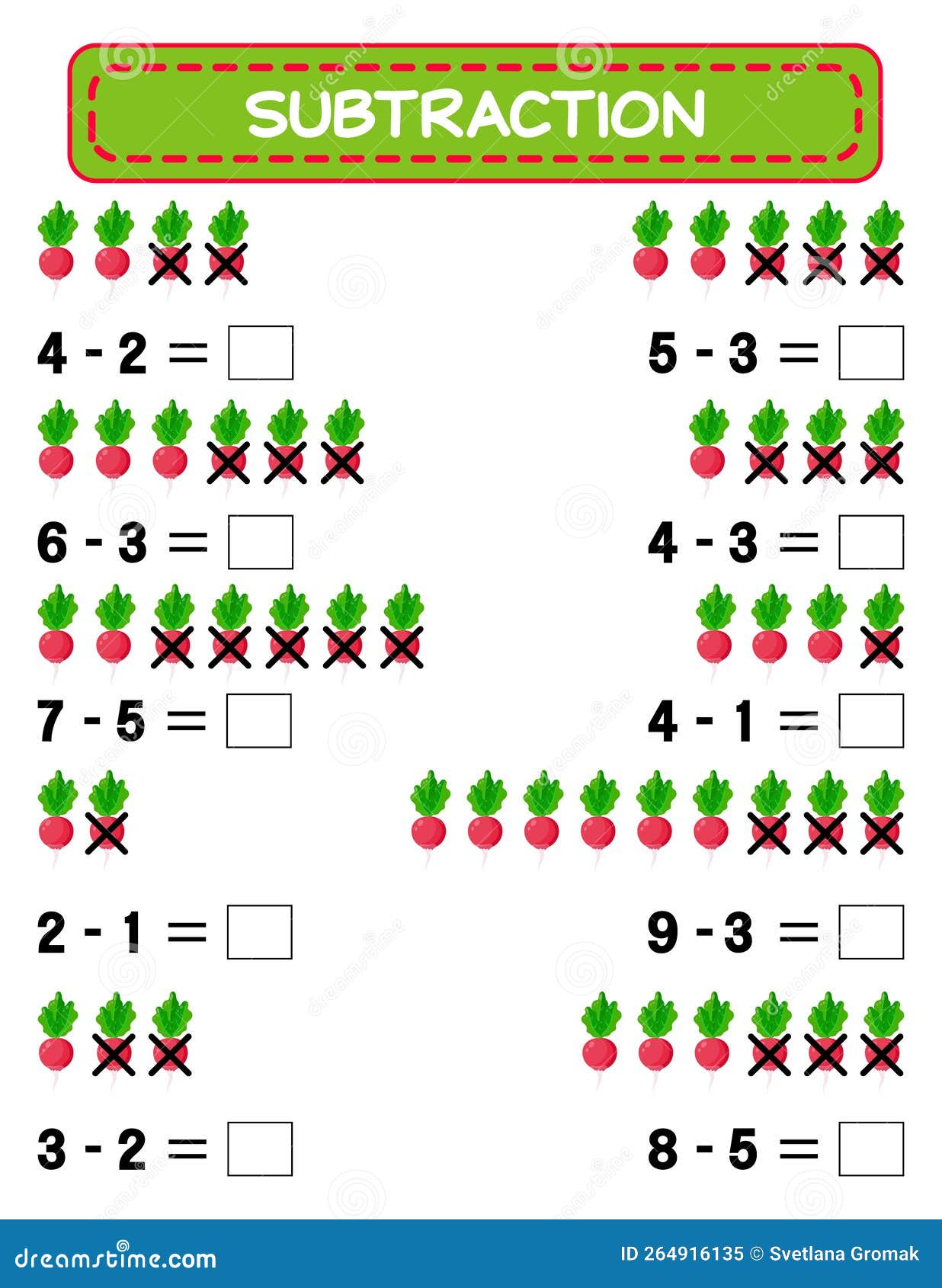 Subtraction. Math Worksheet for Kids. Developing Numeracy Skills. Solve ...