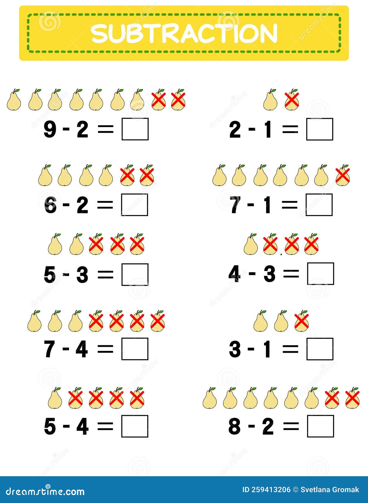 Subtraction. Math Worksheet for Kids. Developing Numeracy Skills. Solve ...