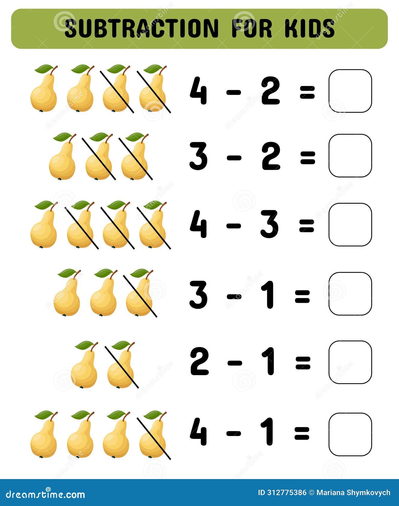 Subtraction with Pears. Educational Math Game for Kindergarten. Vector ...