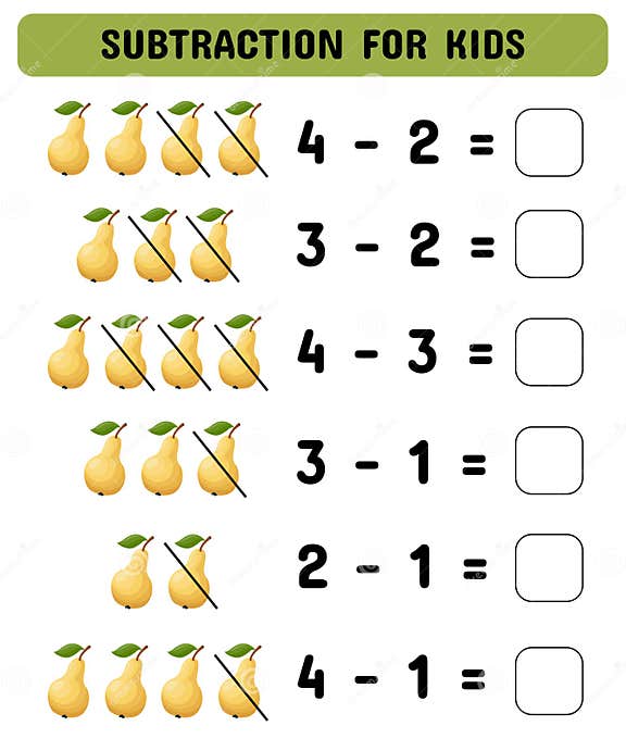 Subtraction with Pears. Educational Math Game for Kindergarten. Vector ...