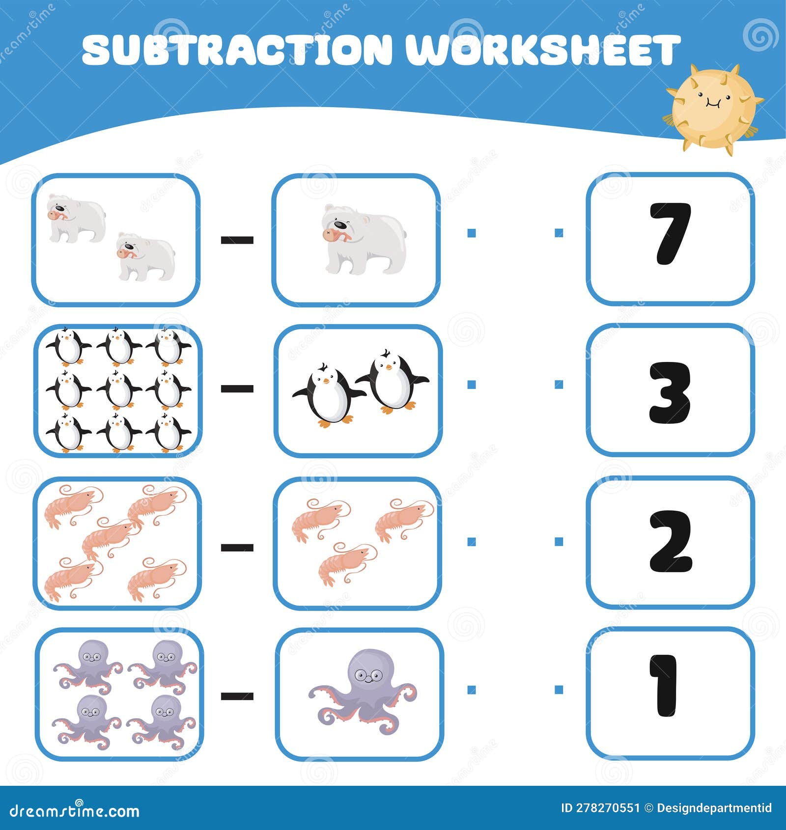 Subtraction Worksheet stock vector. Illustration of worksheet - 278270551