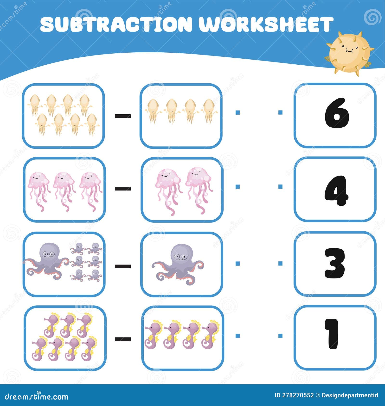 Subtraction Worksheet stock vector. Illustration of educational - 278270552
