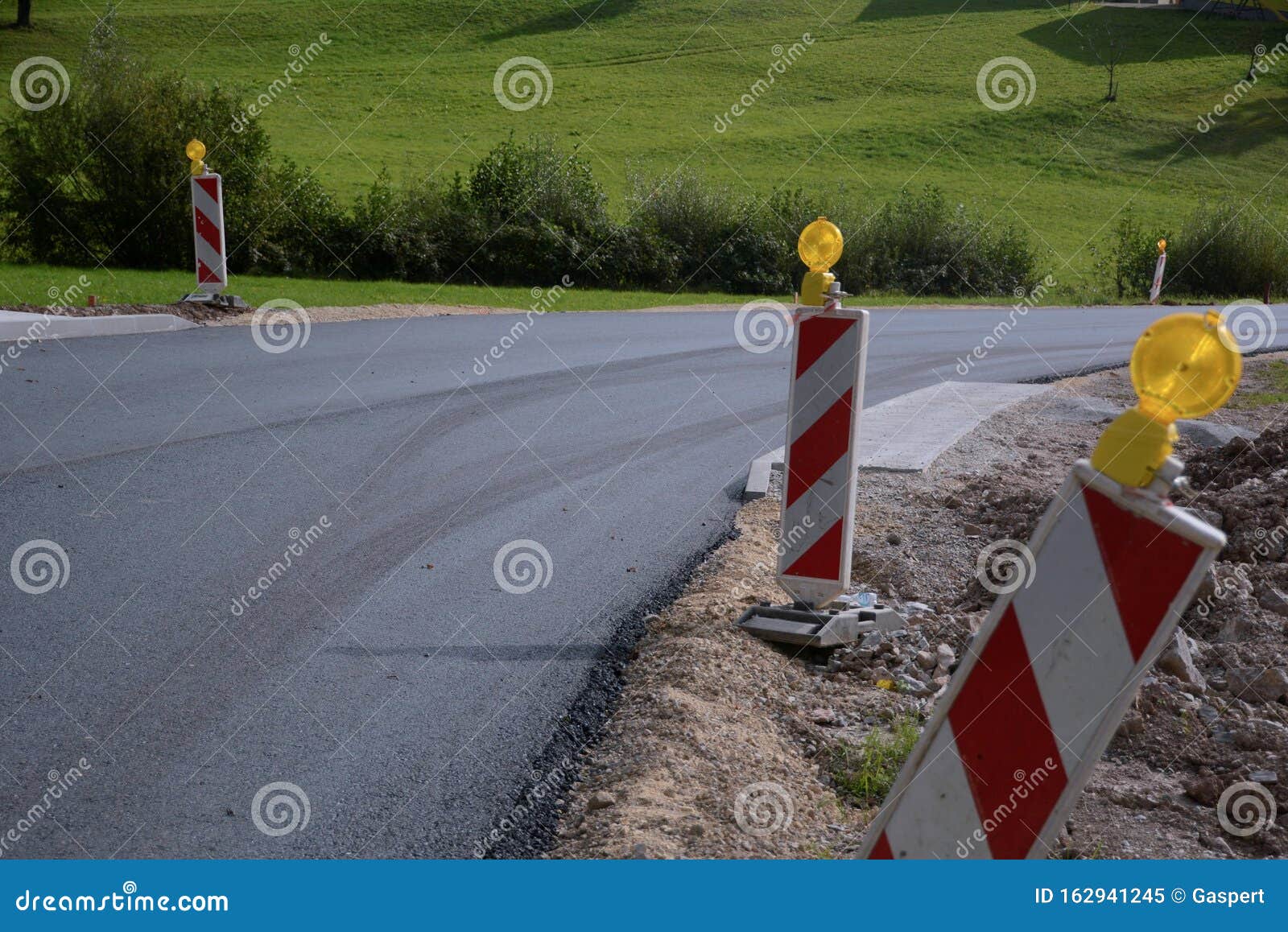 Roadway Under Construction with Warning Lights Stock Image - Image of ...