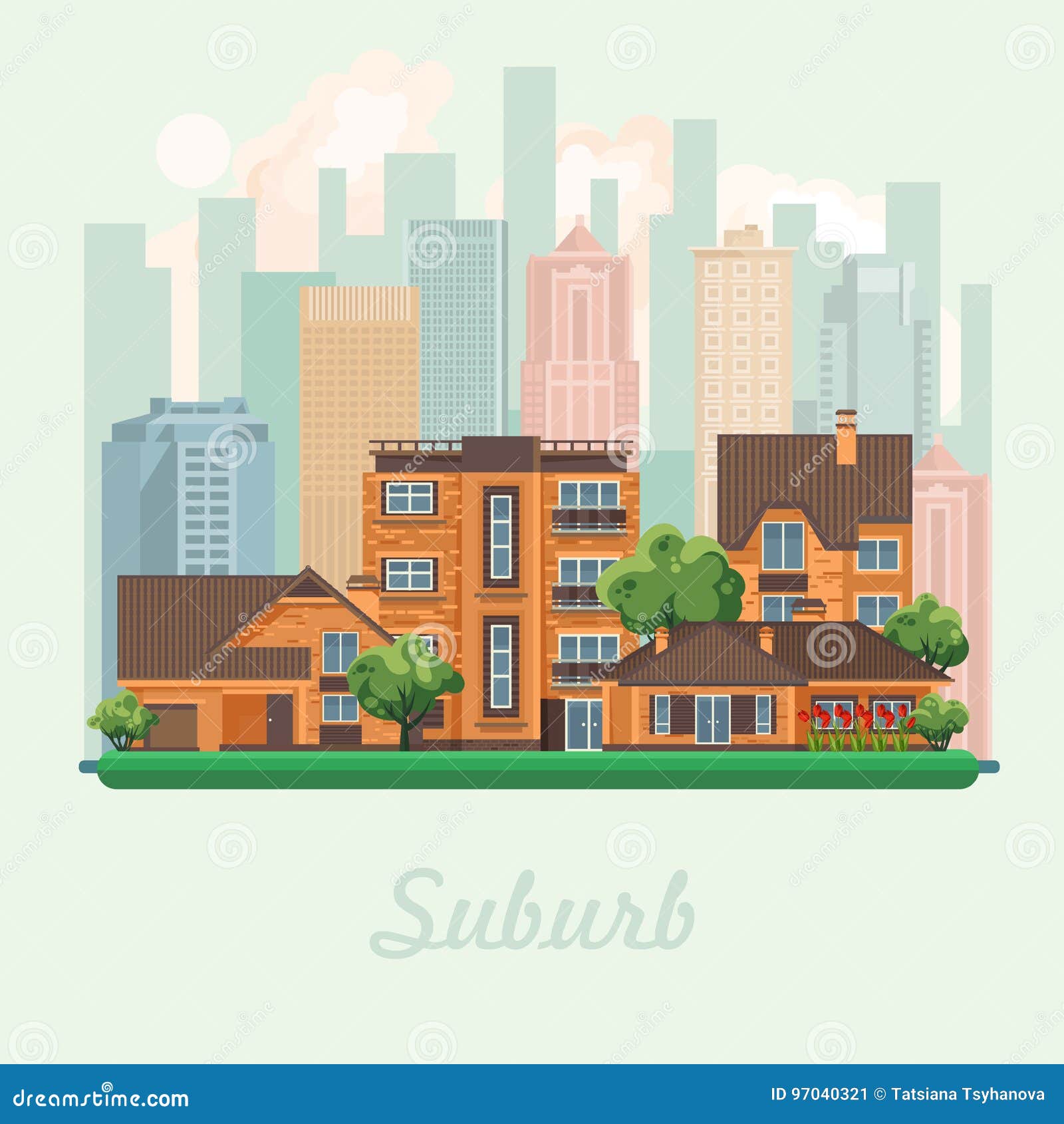 Suburb Vector Illustration in Flat Design. Stock Vector - Illustration ...