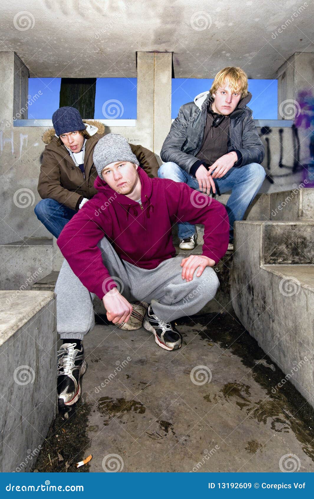 Gang Of Three Cool Kids In White T-shirts, Colorful Hats And Pants ...