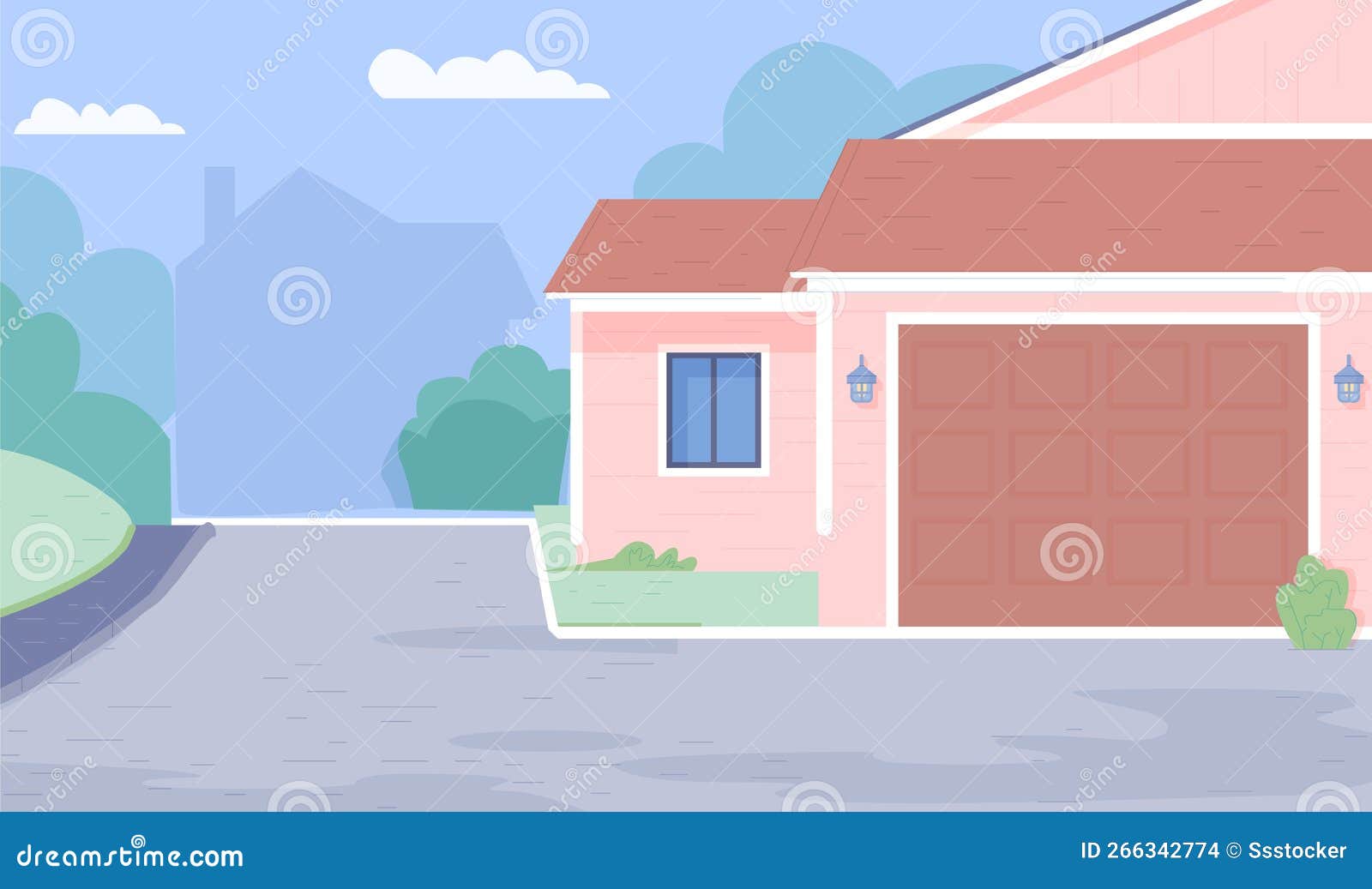 House With Driveway And Entrance Gate Line Icon Cartoon Vector ...