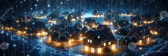 Suburban Nighttime Scene Smart Homes Connected by Digital Network Data Flow Visualization Stock ...