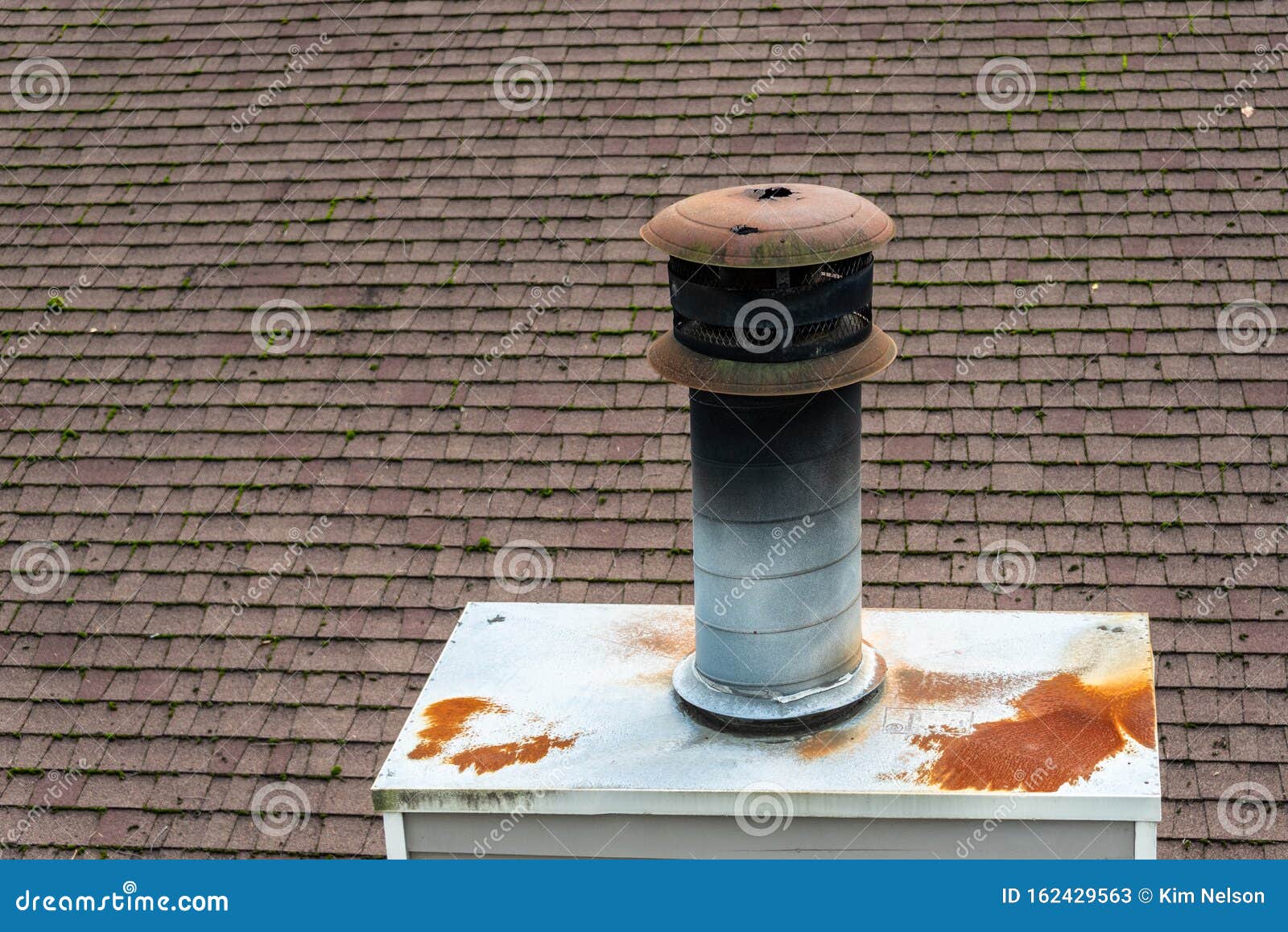 Suburban Rooftop, Mossy Asphalt Shingles, Rusty Chimney and Chimney Cap ...