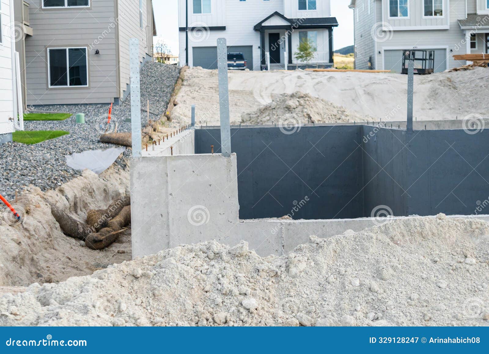 Suburban Single-Family House Construction: Foundation Stage Progress ...