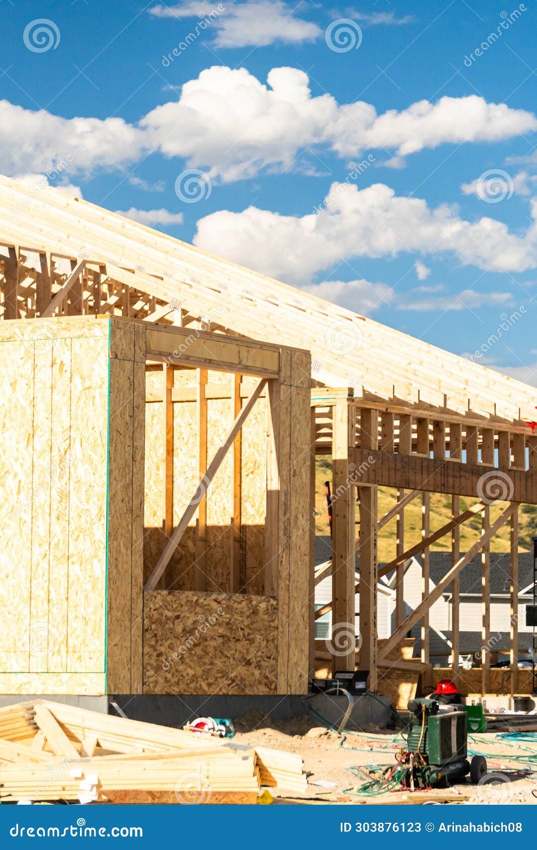 Suburban Single-Family House Construction: Framing Stage Progress Stock ...