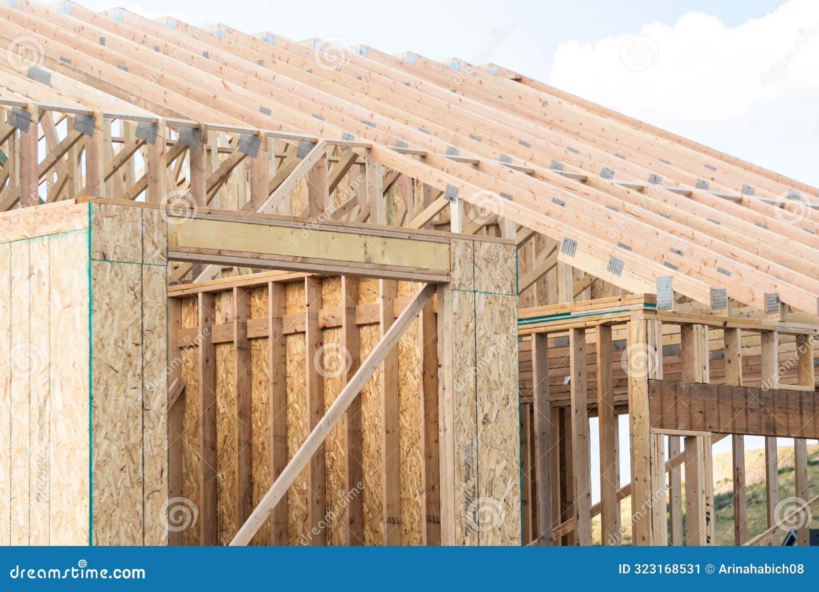 Suburban Single-Family House Construction: Framing Stage Progress Stock ...