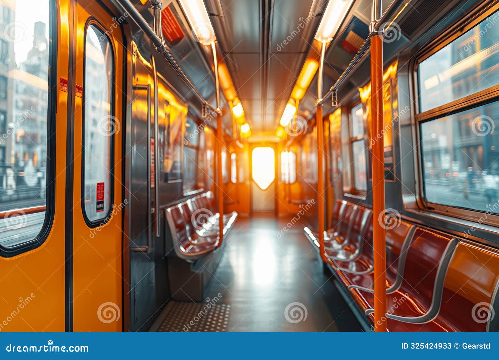 Subway Car Interior with Bright Orange Seats and Decor. Stock Image ...