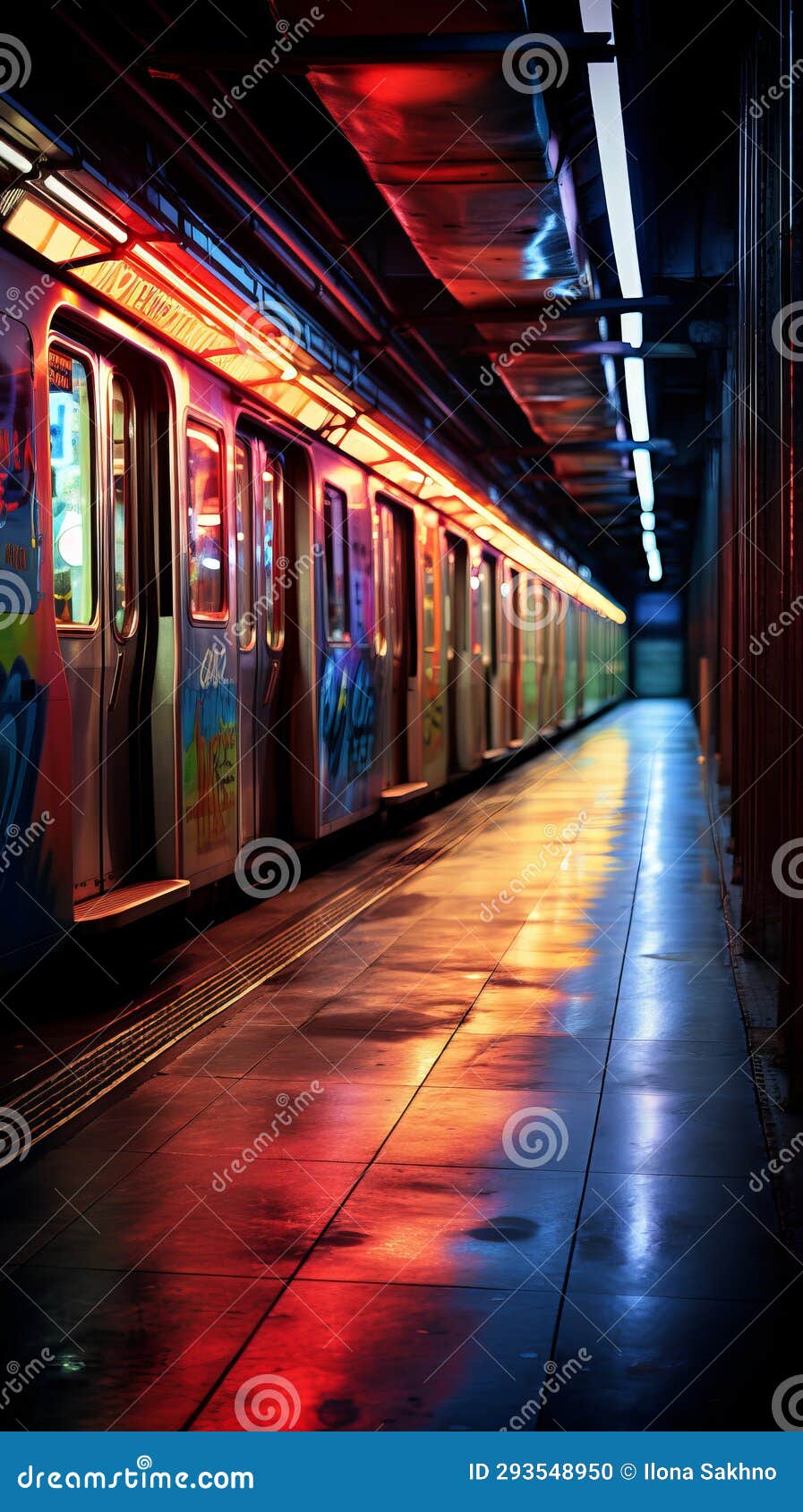 Subway Car Stop in Neon Light Stock Illustration - Illustration of ...