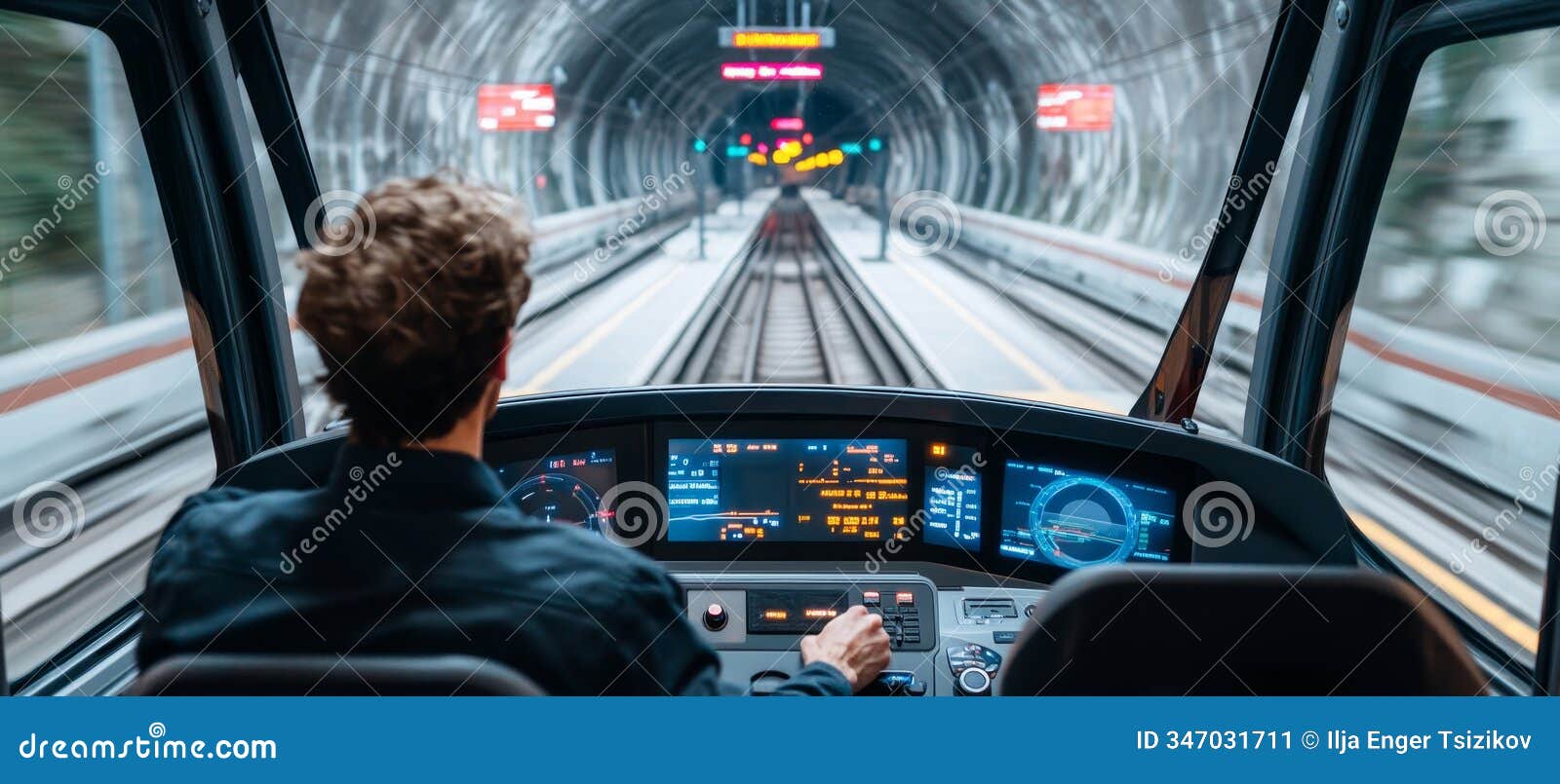 Subway Driver Inside Modern, High-Speed Train Cabin, Urban ...