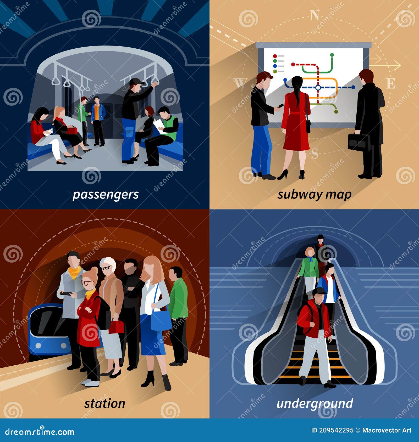 Subway 4 Flat Icons Square Composition Stock Vector - Illustration of ...