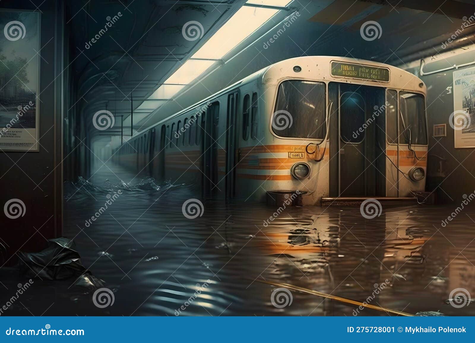 Subway Flood. Post-apocalypse Concept Stock Illustration - Illustration ...