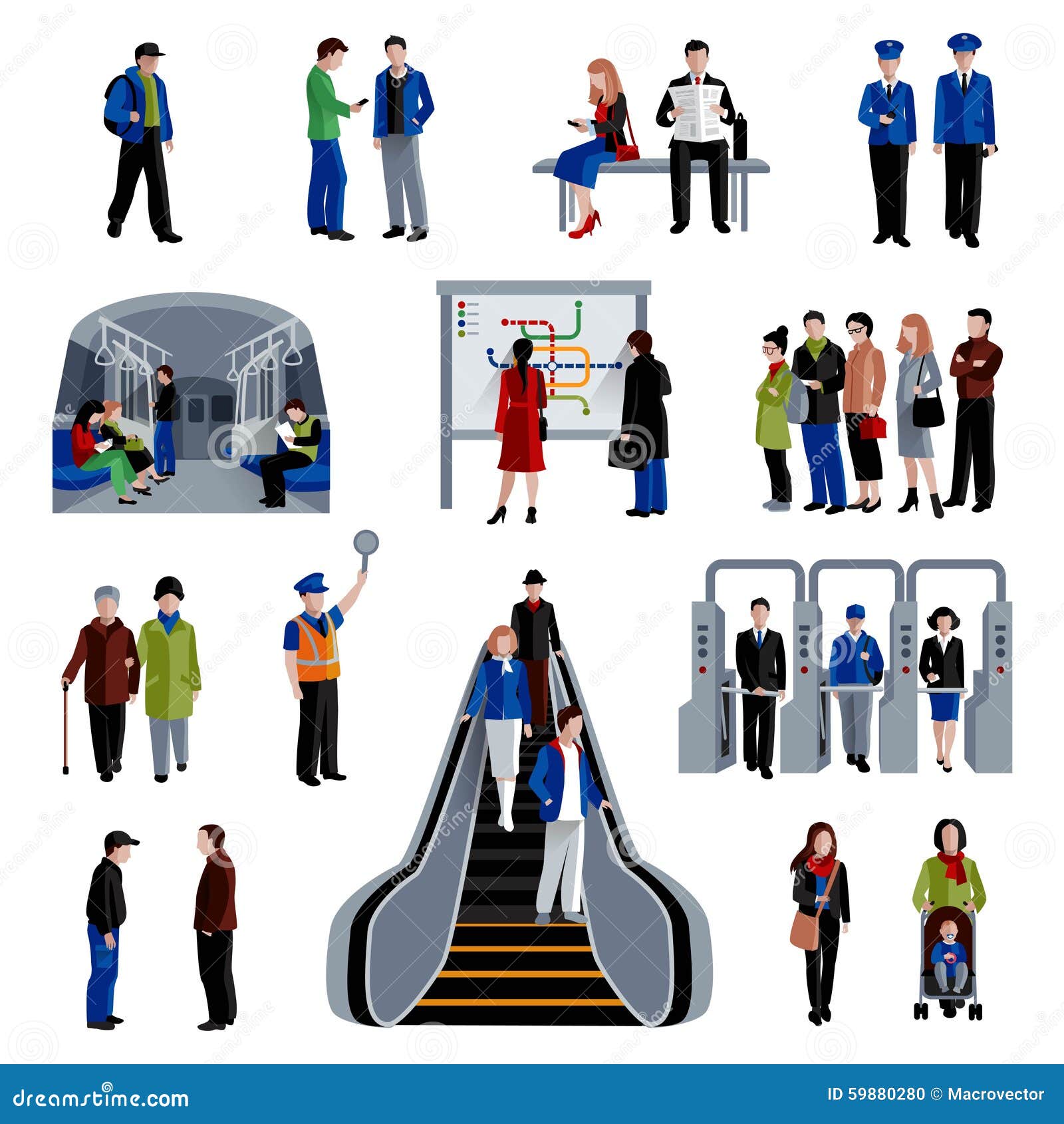 Subway Passengers Flat Icons Collection Stock Vector - Illustration of ...