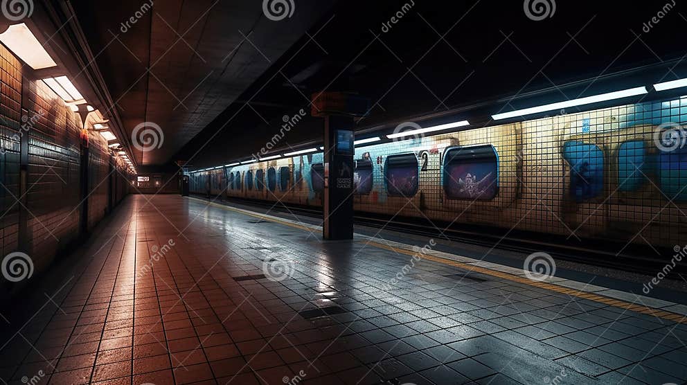 Subway Platform at Night. Generative Ai Stock Illustration ...