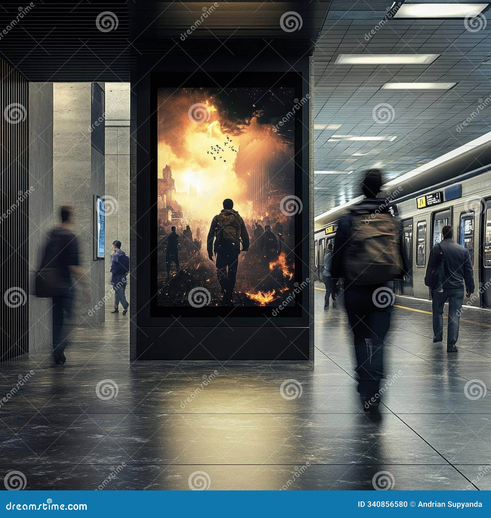 Subway Poster, Man Walking Towards Fire and Smoke Stock Illustration ...
