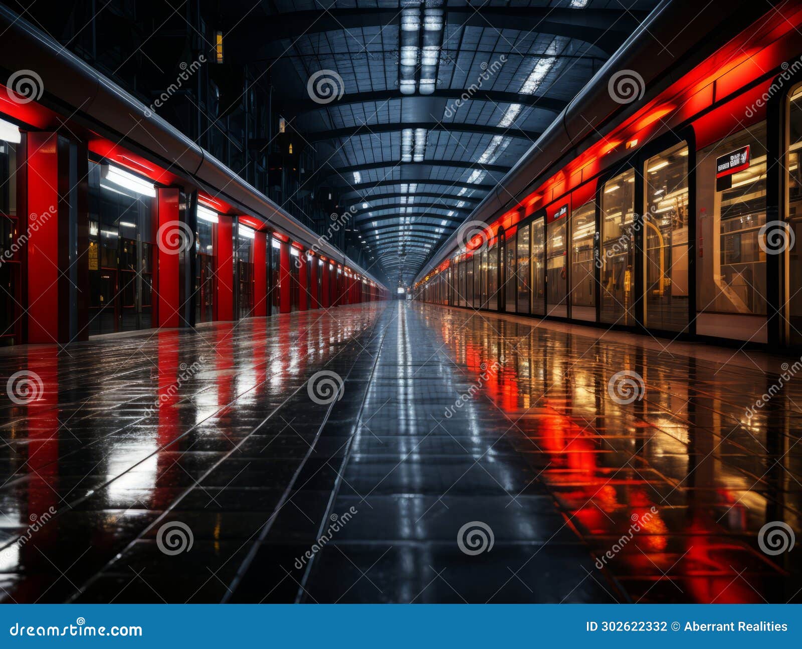 A Subway Station at Night with Red Lights Stock Illustration ...