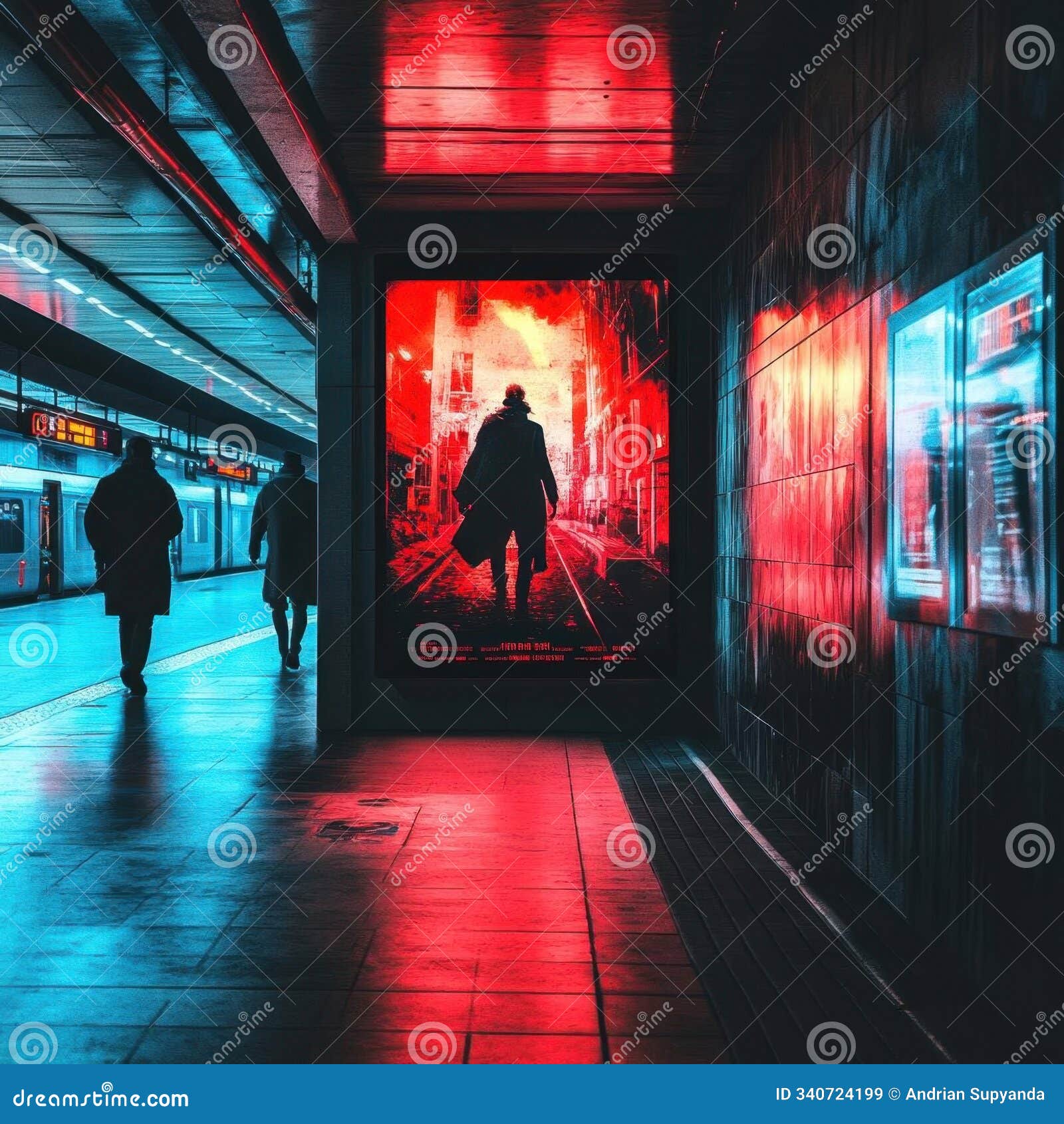 Subway Station with Red and Blue Neon Lights Stock Illustration ...
