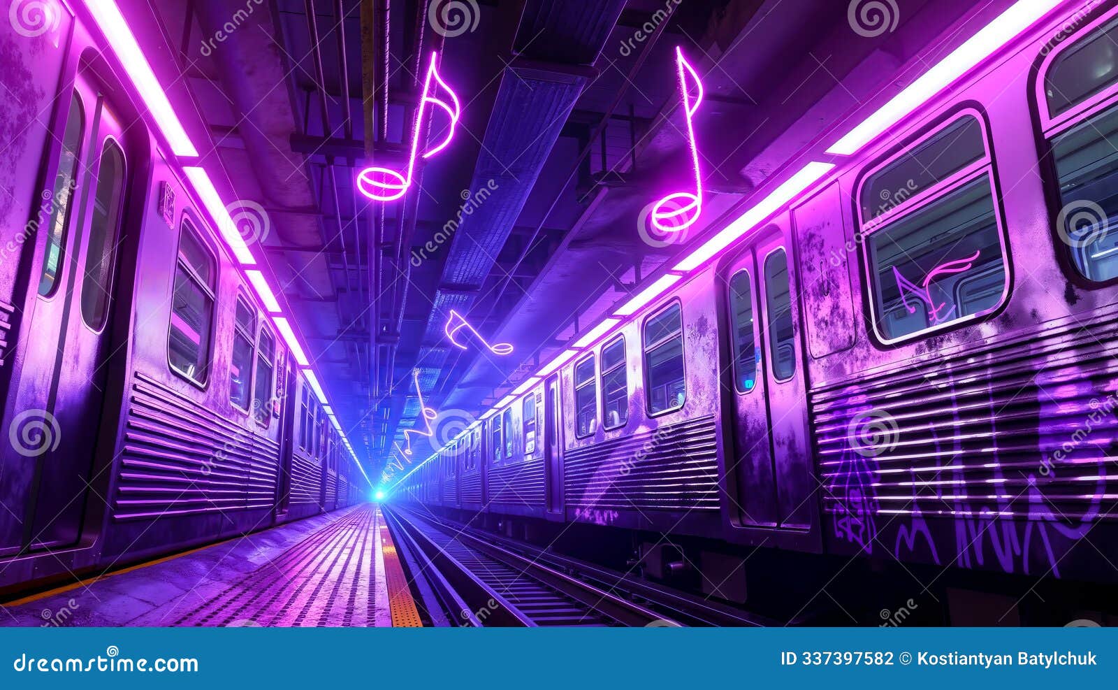 A Subway Train with Neon Lights on the Side of it Stock Photo - Image ...