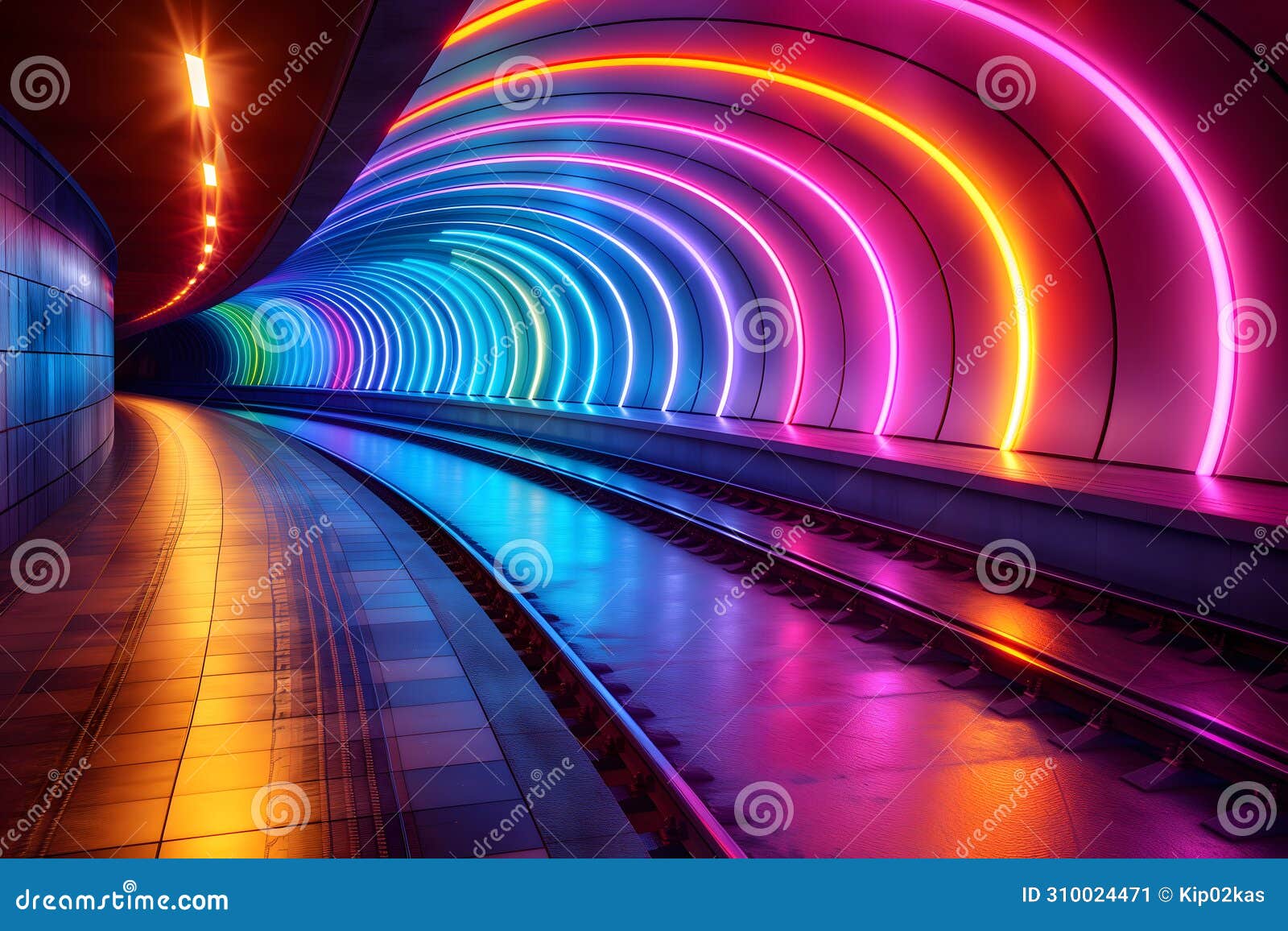 Subway Tunnel with Neon Lights at Night Generative AI Stock Image ...