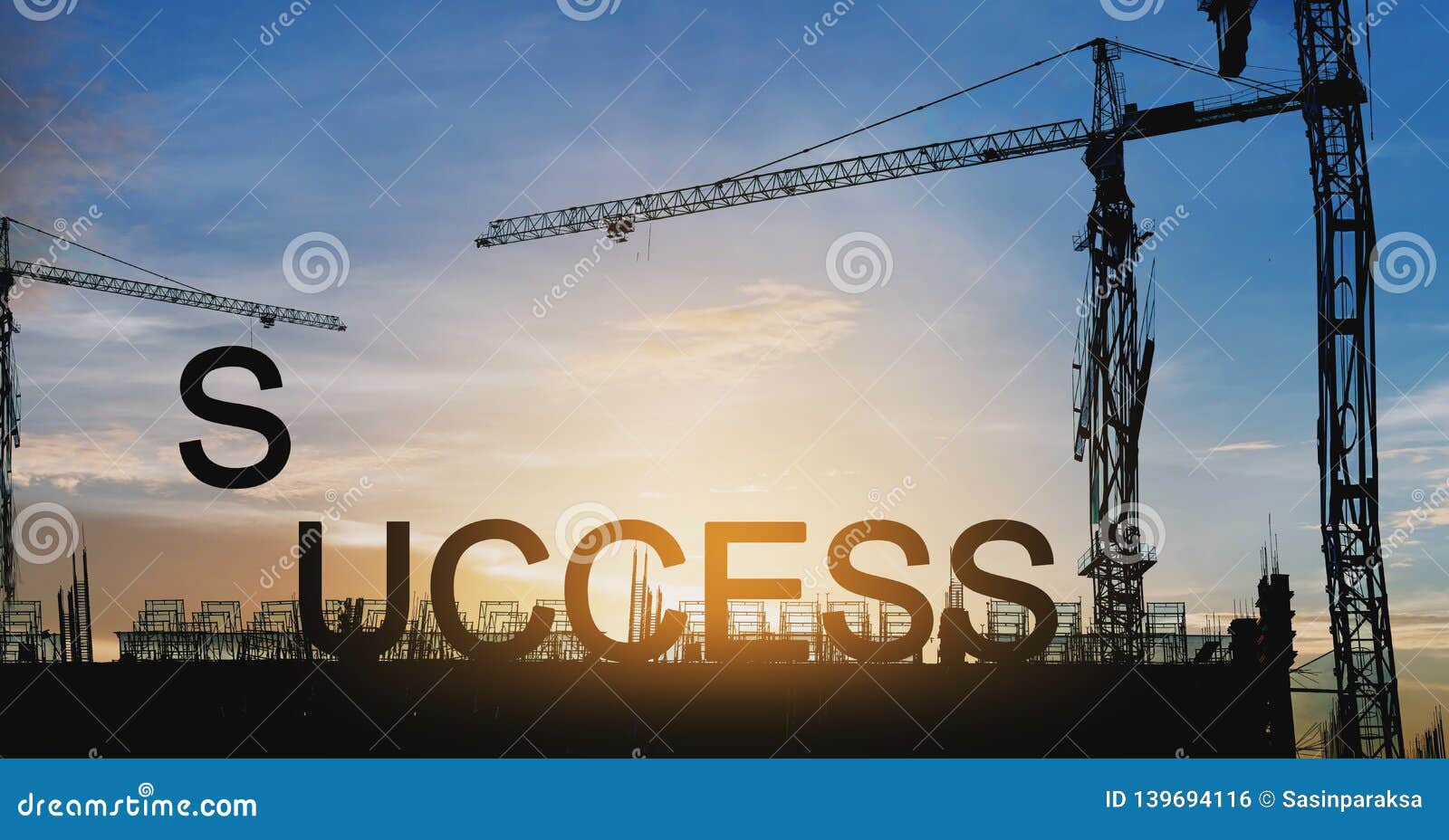Success Concept, Silhouette Cranes And Under Construction Building With ...