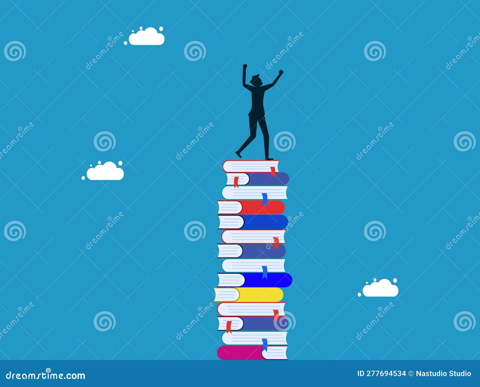 Success in Learning. Happy Man Raising Hands on High Stack of Books ...