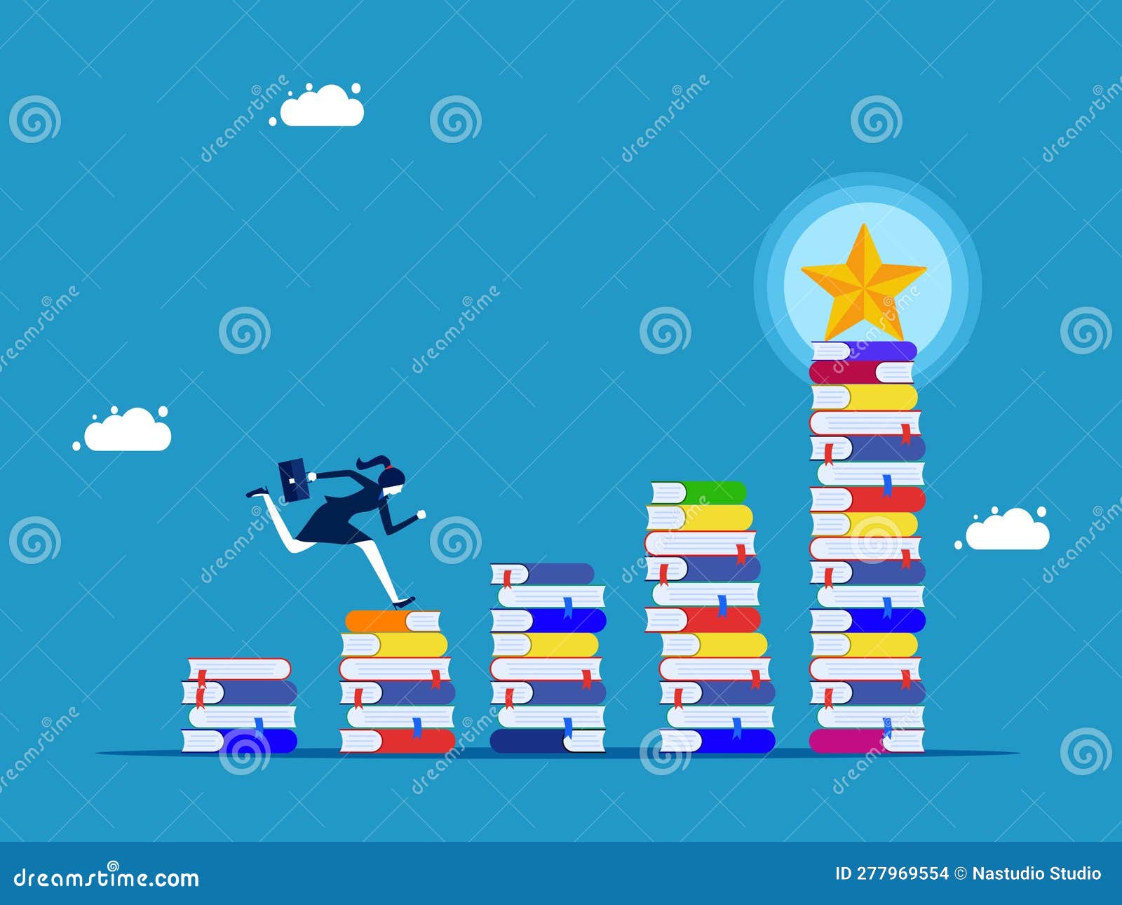 Success and Learning Never Stop. Businesswoman Running on Stairs Stack ...