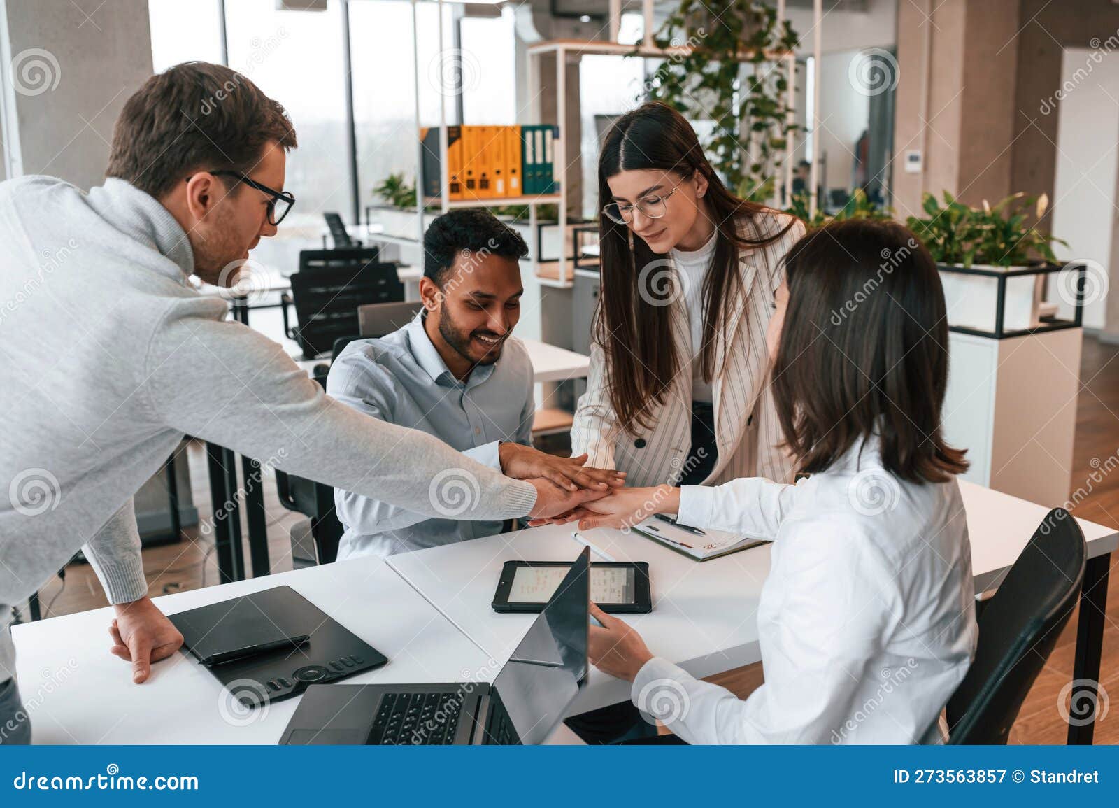 Success, Making Hand Gestures. Four People are Working in the Office ...