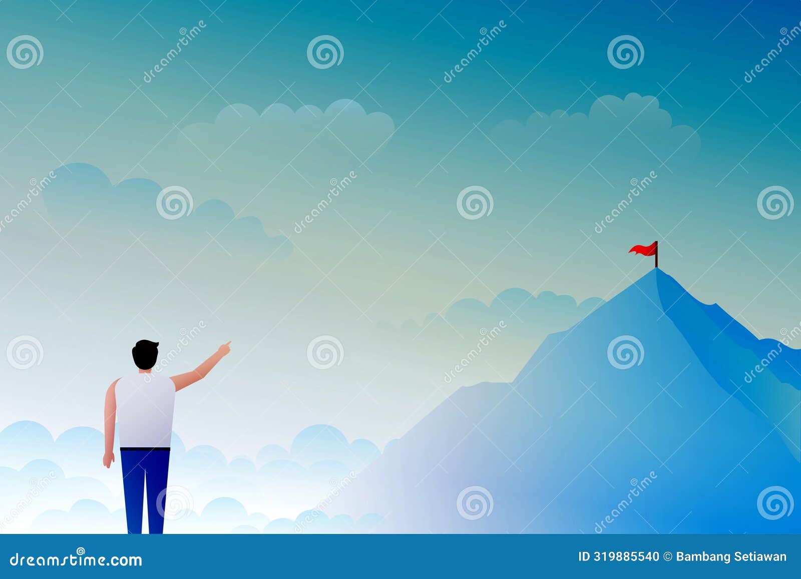 Man Pointing at Flag on Mountain Top. Stock Vector - Illustration of ...