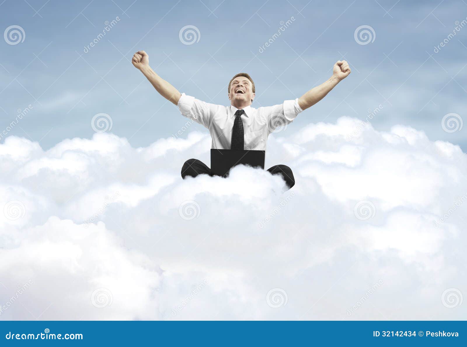 Success of Man Sitting on a Cloud Stock Photo - Image of computer ...