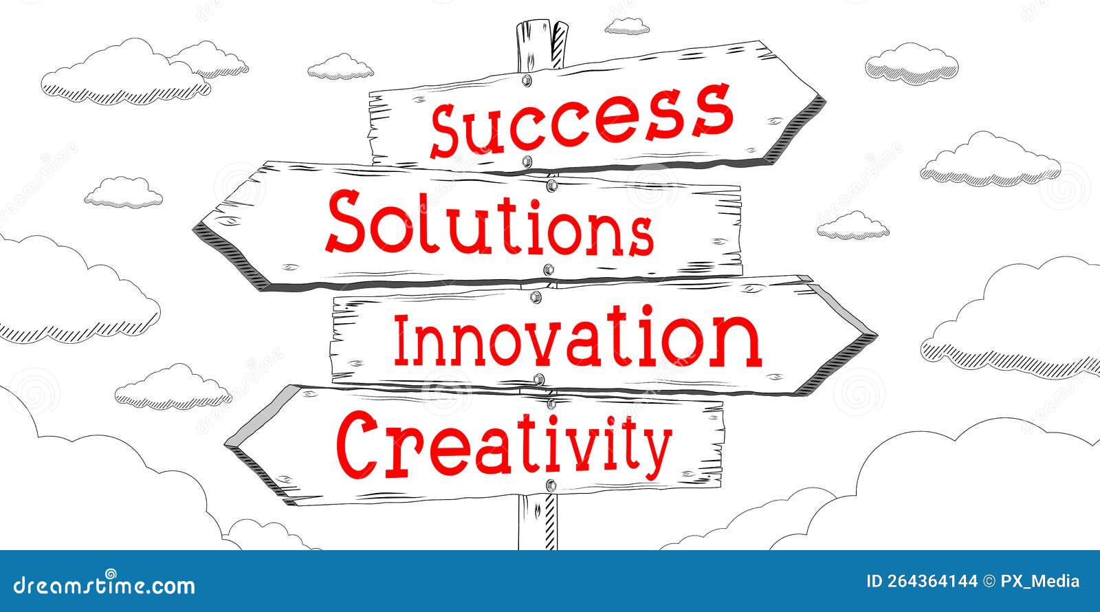 Success, Solutions, Innovation, Creativity - Outline Signpost with Four ... Success, Solutions, Innovation, Creativity - Outline Signpost with Four ...