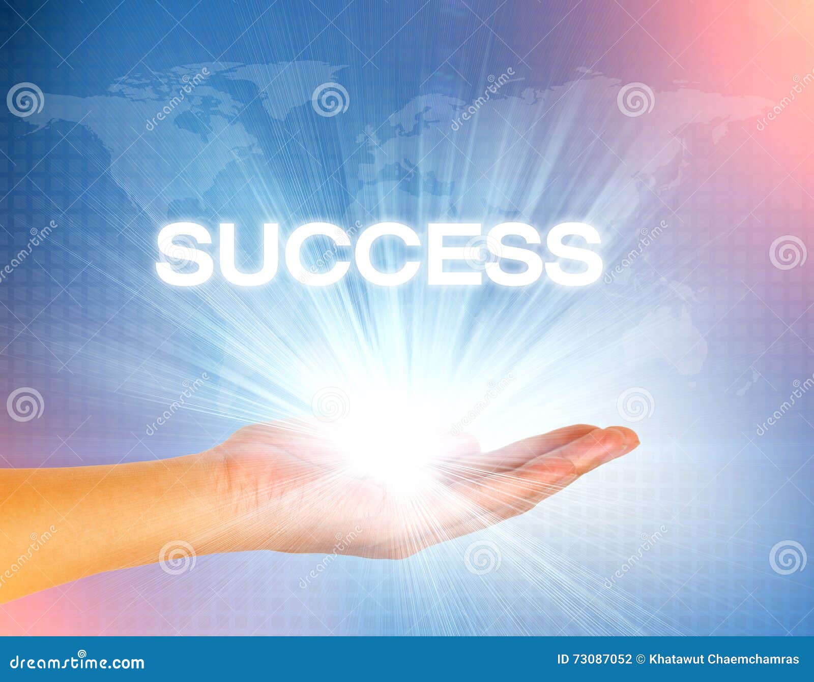 Success Text and Light in Hand on Blue Technology Background Stock ...