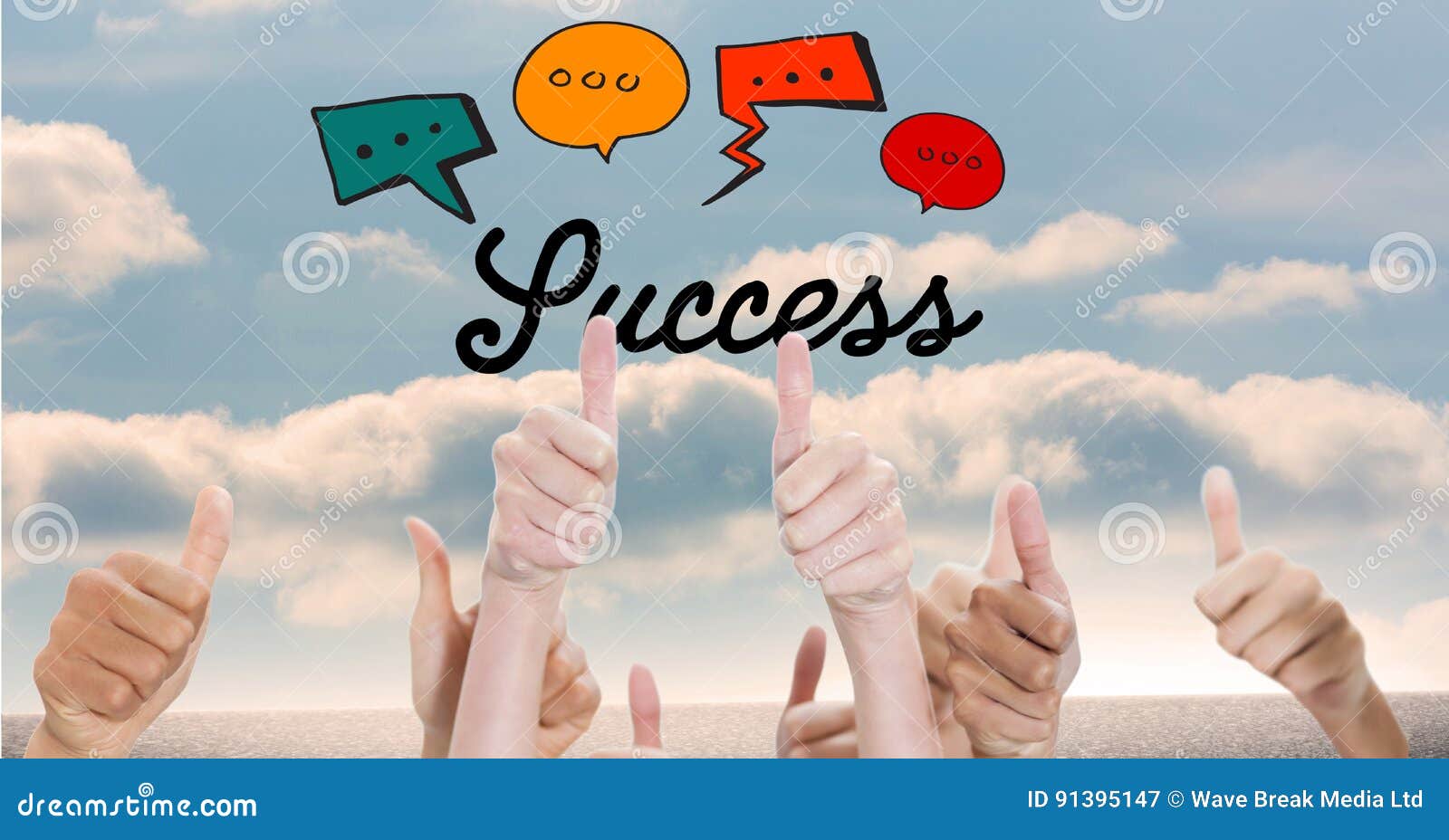 Success Text with Speech Bubbles Over Thumbs Up Gestures Stock ...
