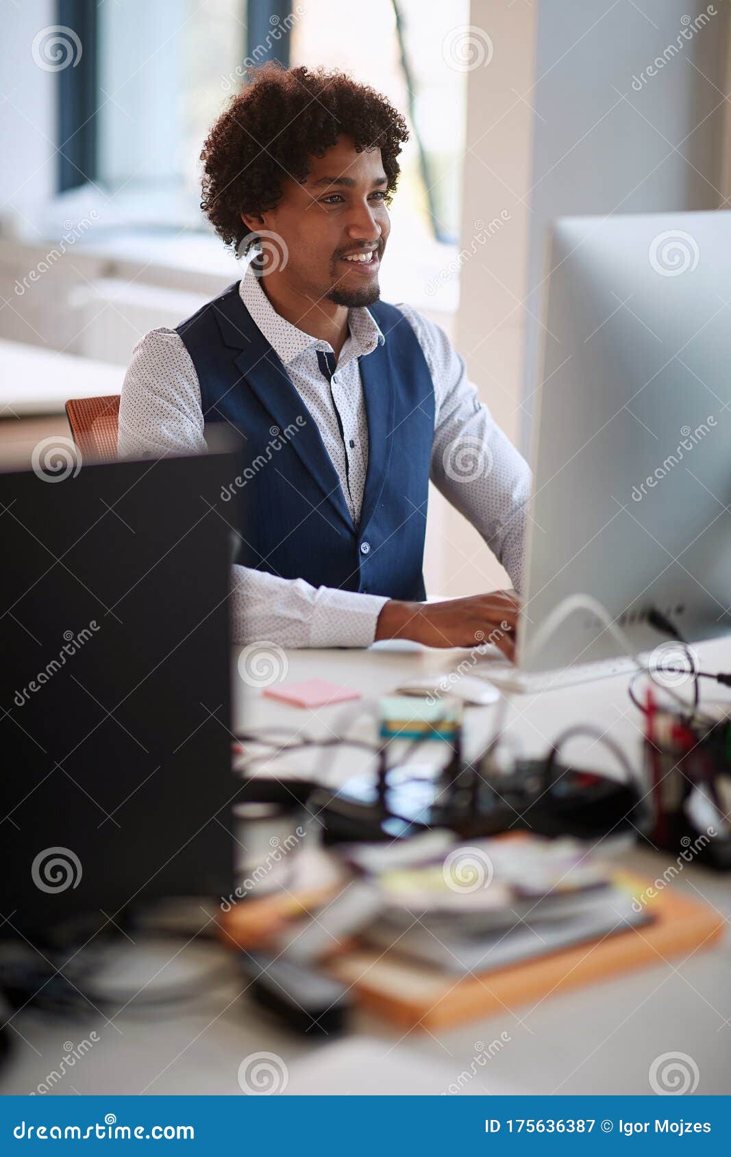 Successful African American Businessman Working on Computer.Modern High ...