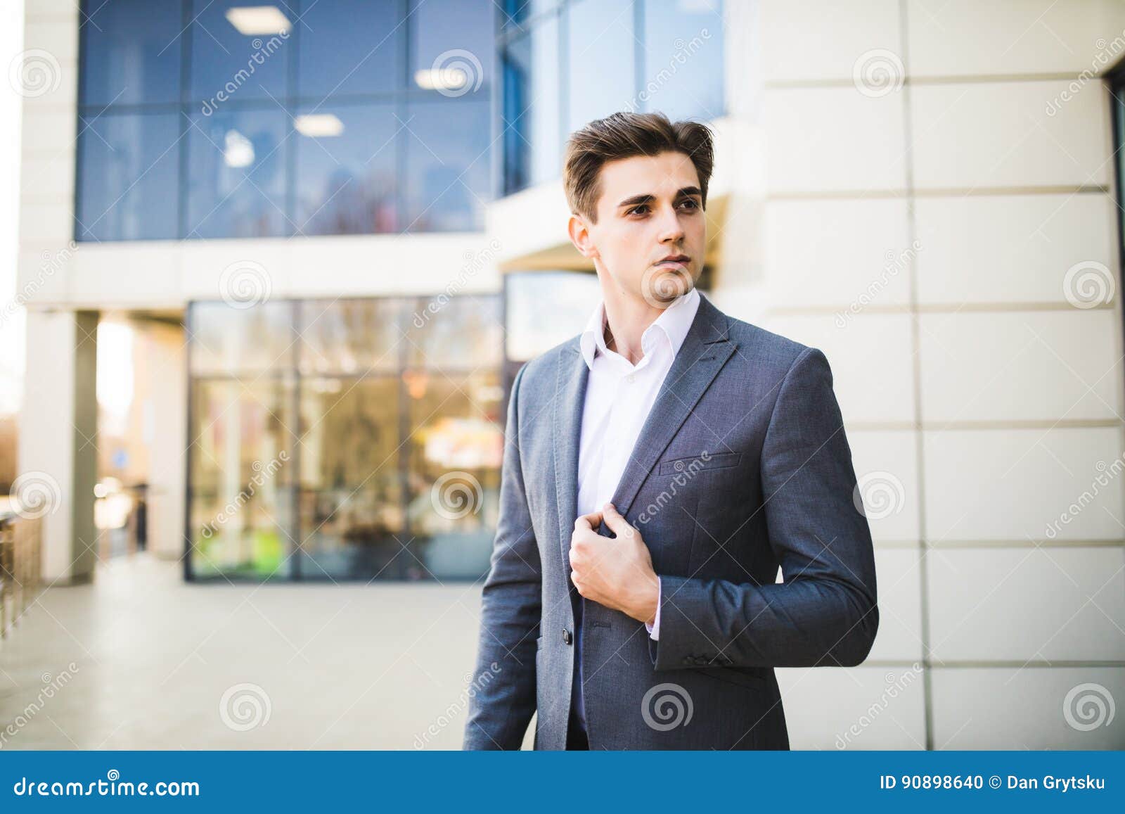 Successful Business Man Outdoors in Front of Office Building Wait for ...