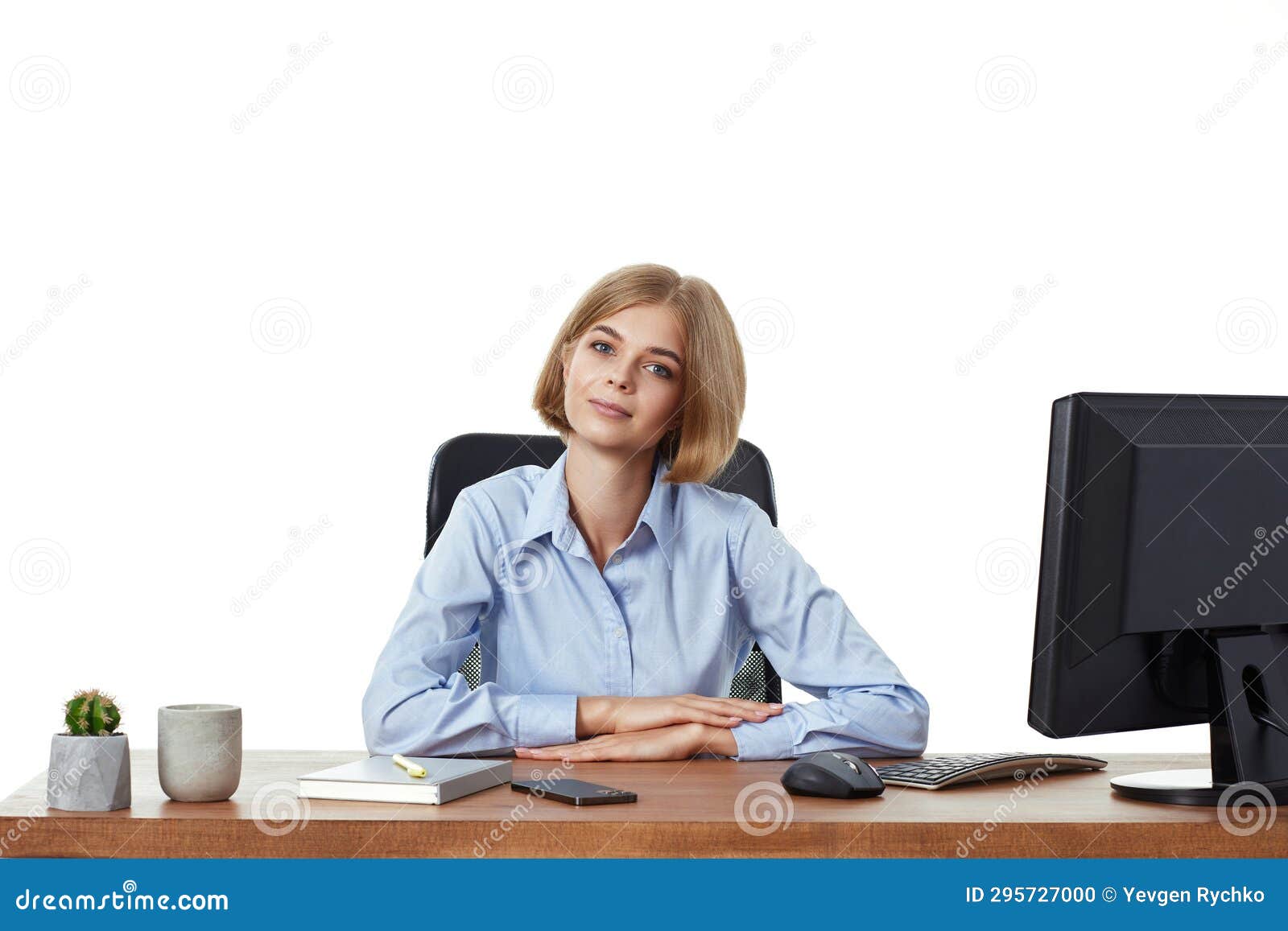 Successful Business Woman Looking at Camera and Using Computer Stock ...