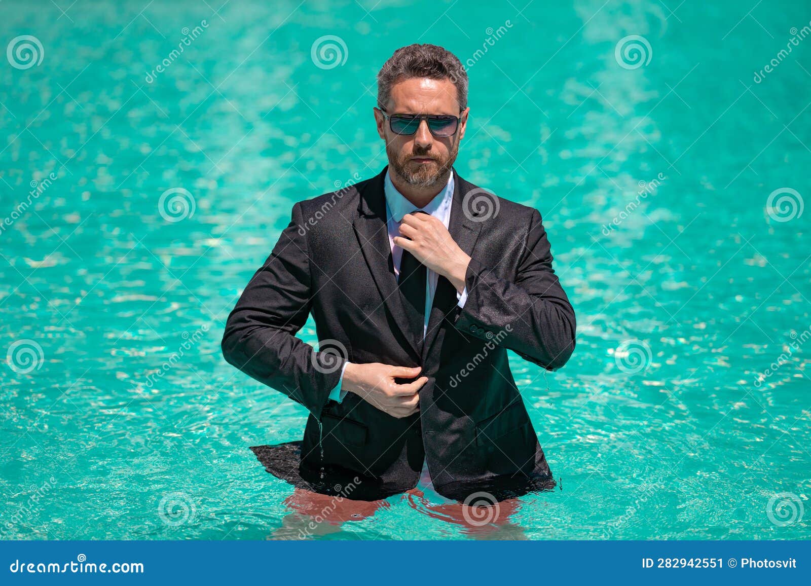 Successful Businessman Boss In Summer Pool On Vacation Businessman Boss In Summer Pool Outdoor