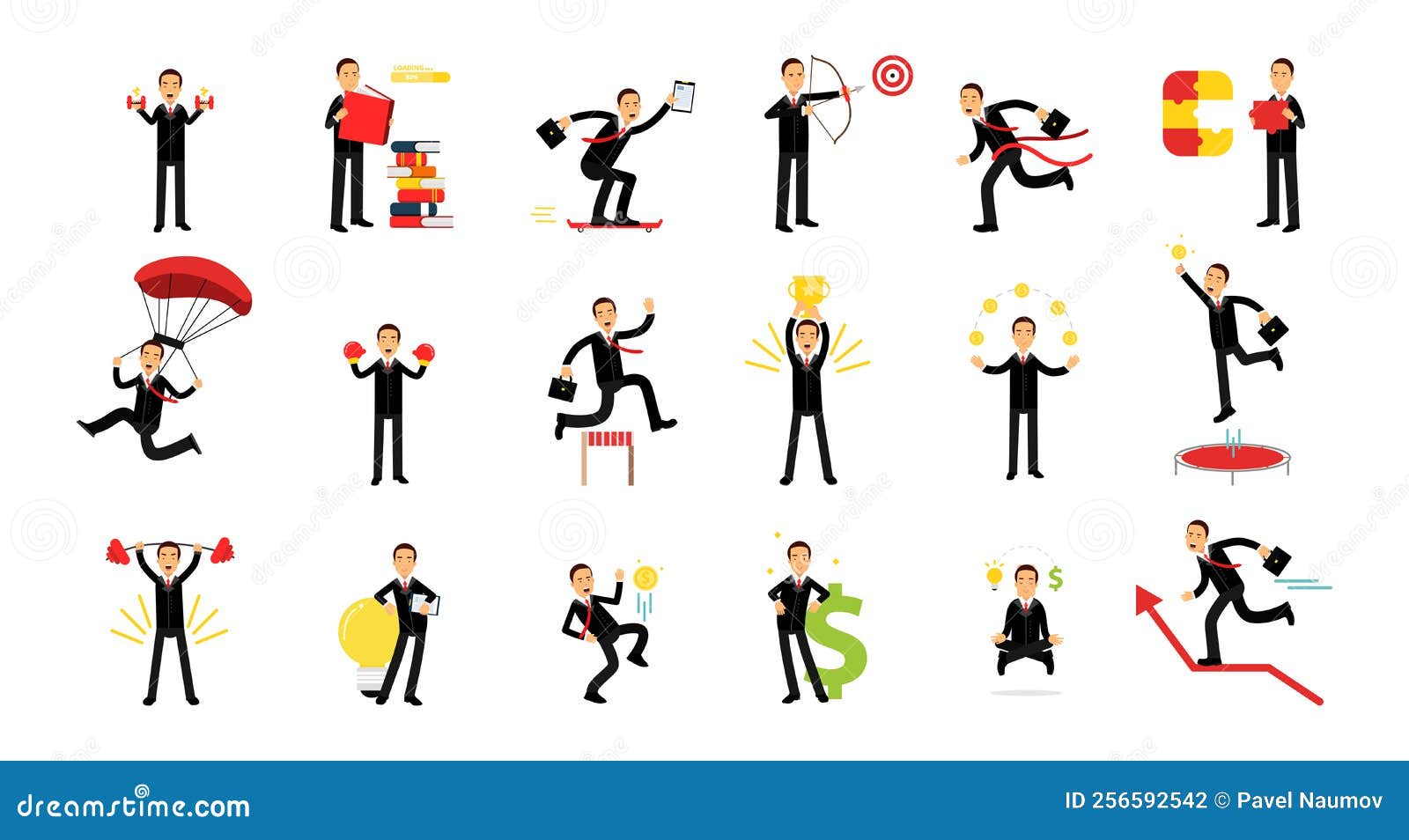 Successful Businessman Character in Black Suit Engaged in Different ...