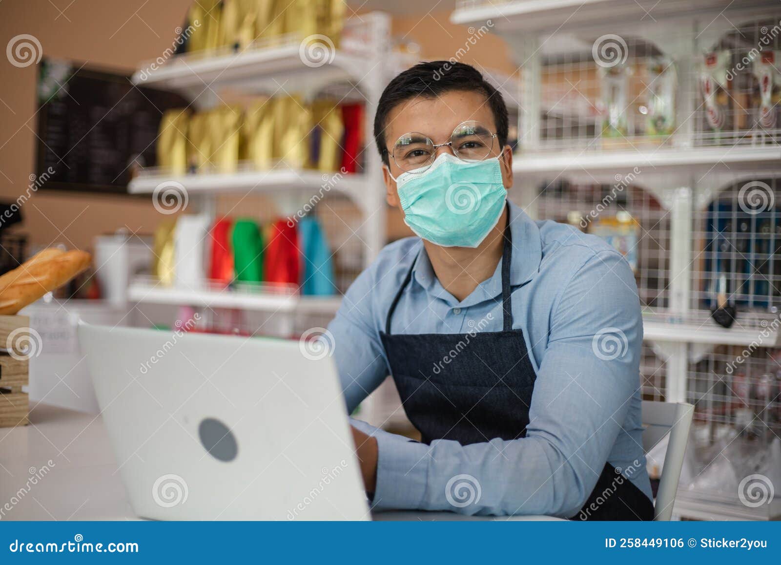 Successful Businessman with Face Mask Using Computer Laptop Stock Photo ...