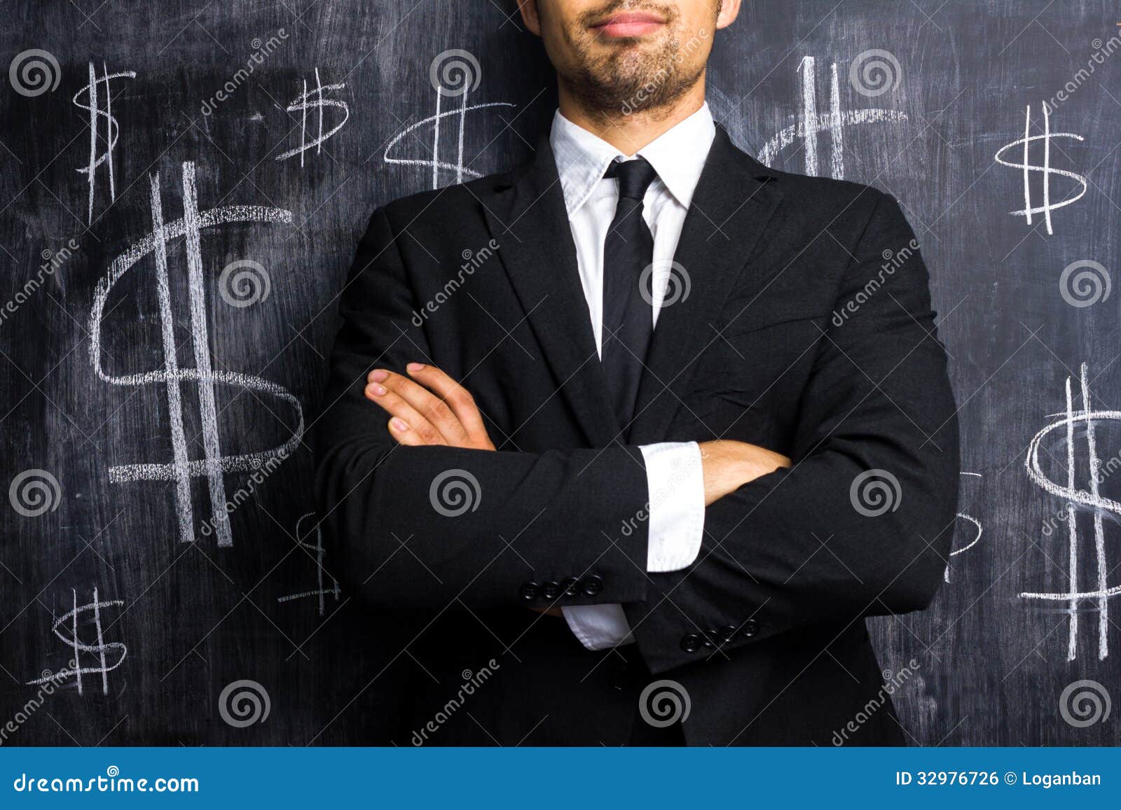 Successful Businessman Posing in Front of Dollar Signs Stock Photo ...