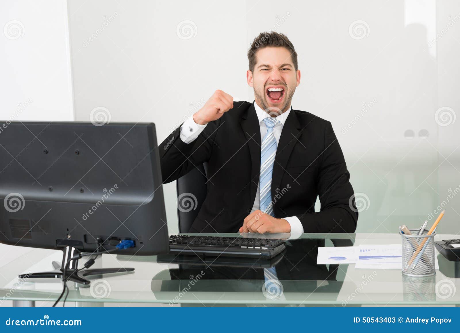 Successful Businessman Screaming at Desk Stock Image - Image of ...