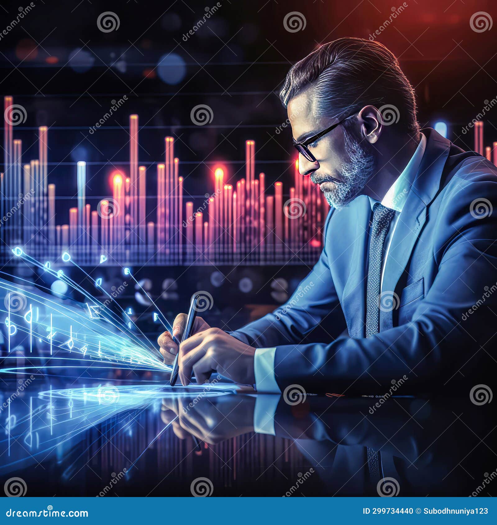 Businessman Sitting and Working on Future Data Graph Development ...