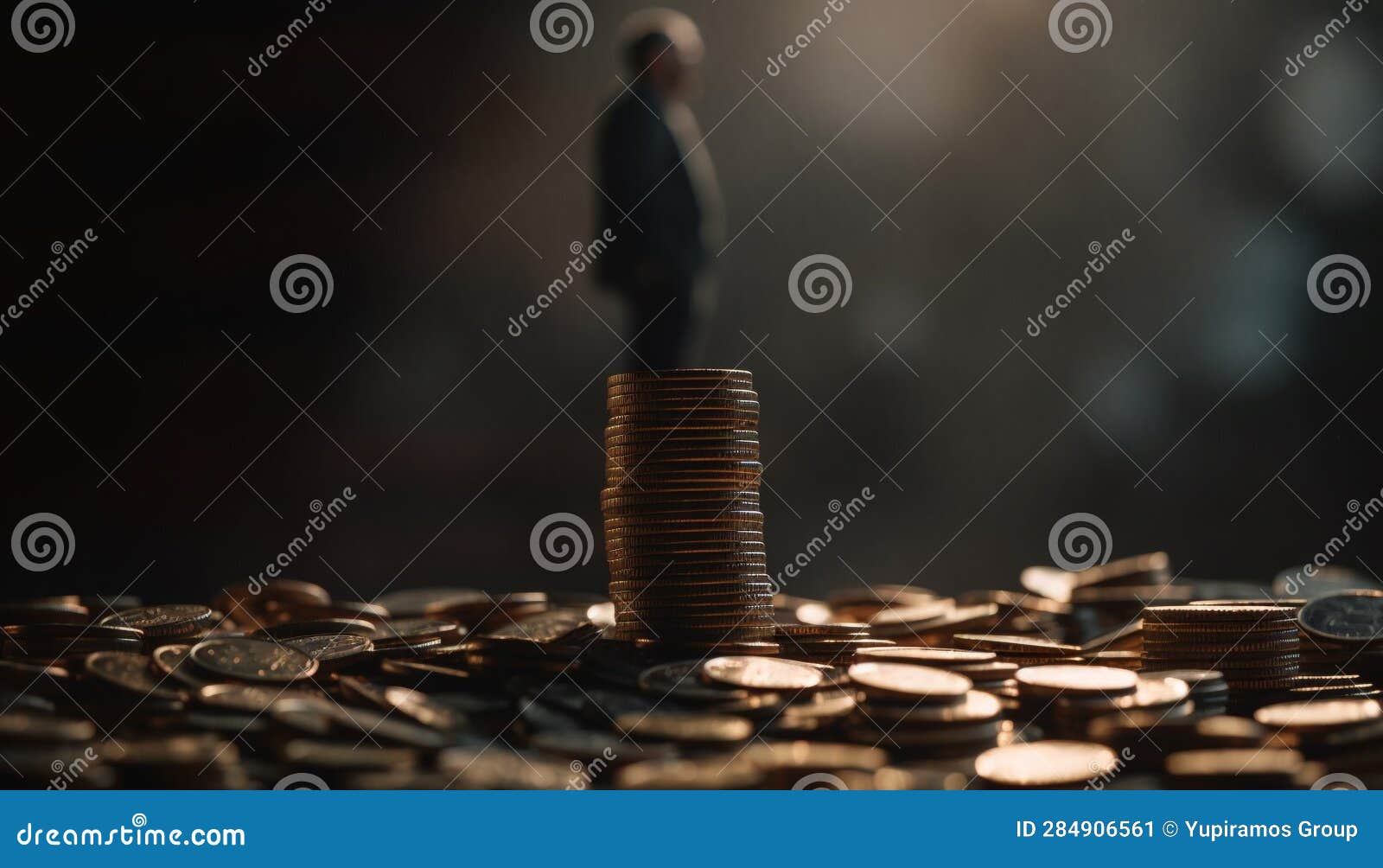 Successful Businessman Stacks Coins, Symbolizing Wealth and Financial ...