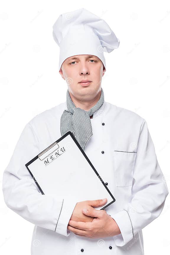Successful Chef Holding a Menu Blank on a White Stock Image - Image of ...