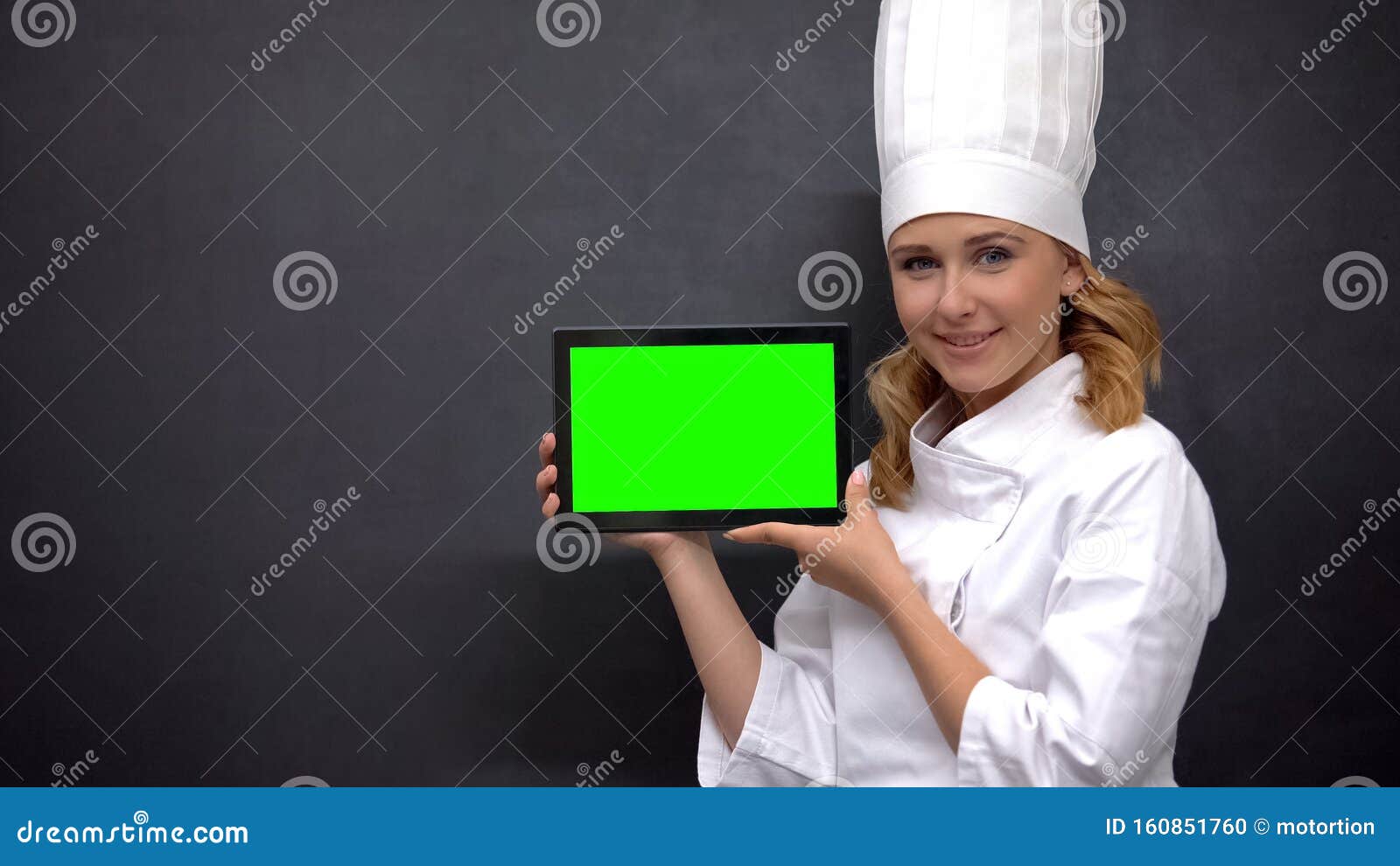 Successful Chief Cook Showing Tablet PC with Green Screen, Online ... Successful Chief Cook Showing Tablet PC with Green Screen, Online ...