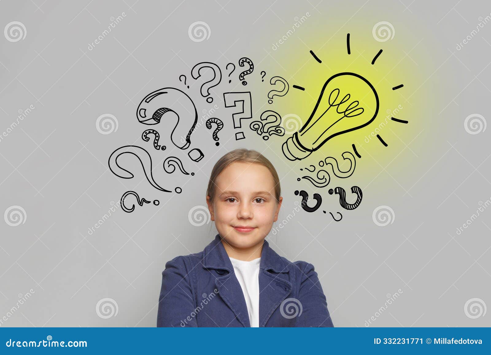 Successful Child Girl with Light Bulb and Question Marks on White Background. Education and Idea ...